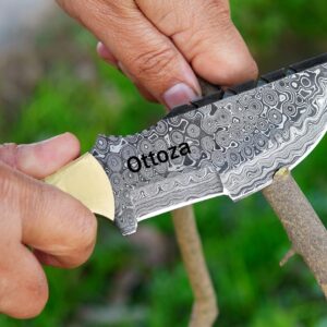 Ottoza Tracker Knife & Wood Handle - Damascus Hunting Knife - Horizontal Carry Knife Sheath 89