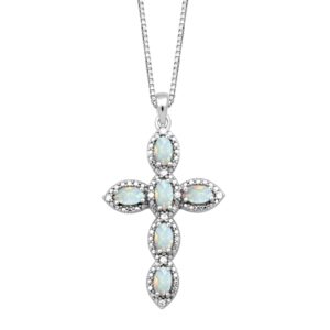 jewelili cross pendant necklace in sterling silver with oval shape created opal and round created white sapphire, 18” box chain