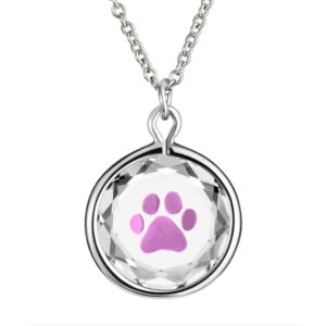 lovependants 16-18" pendant/necklace in white swarovski crystal with pink enameled paw print engraving in sterling silver.