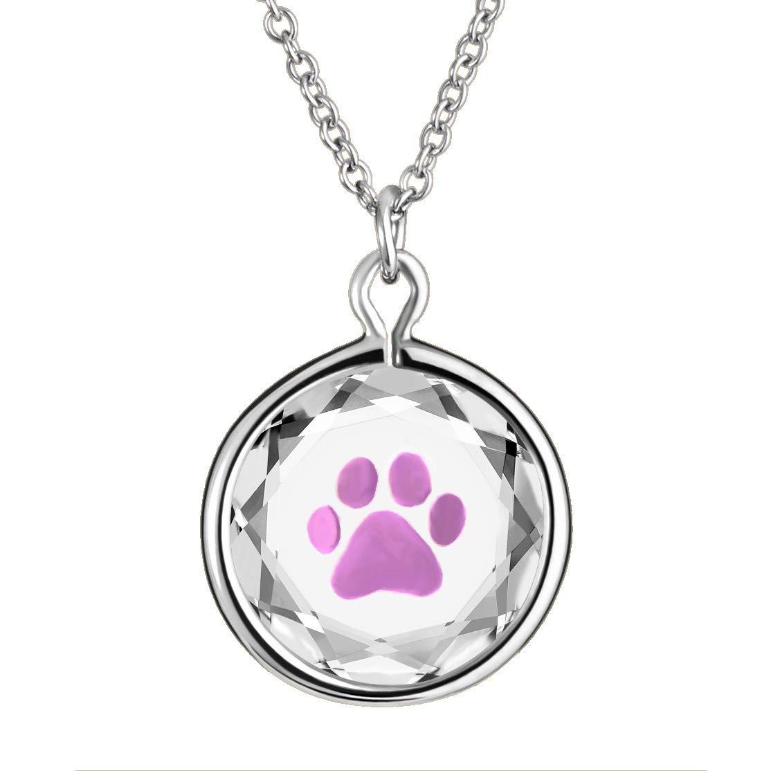 LovePendants 16-18" Pendant/Necklace in White Swarovski Crystal with Pink Enameled Paw Print Engraving in Sterling Silver.