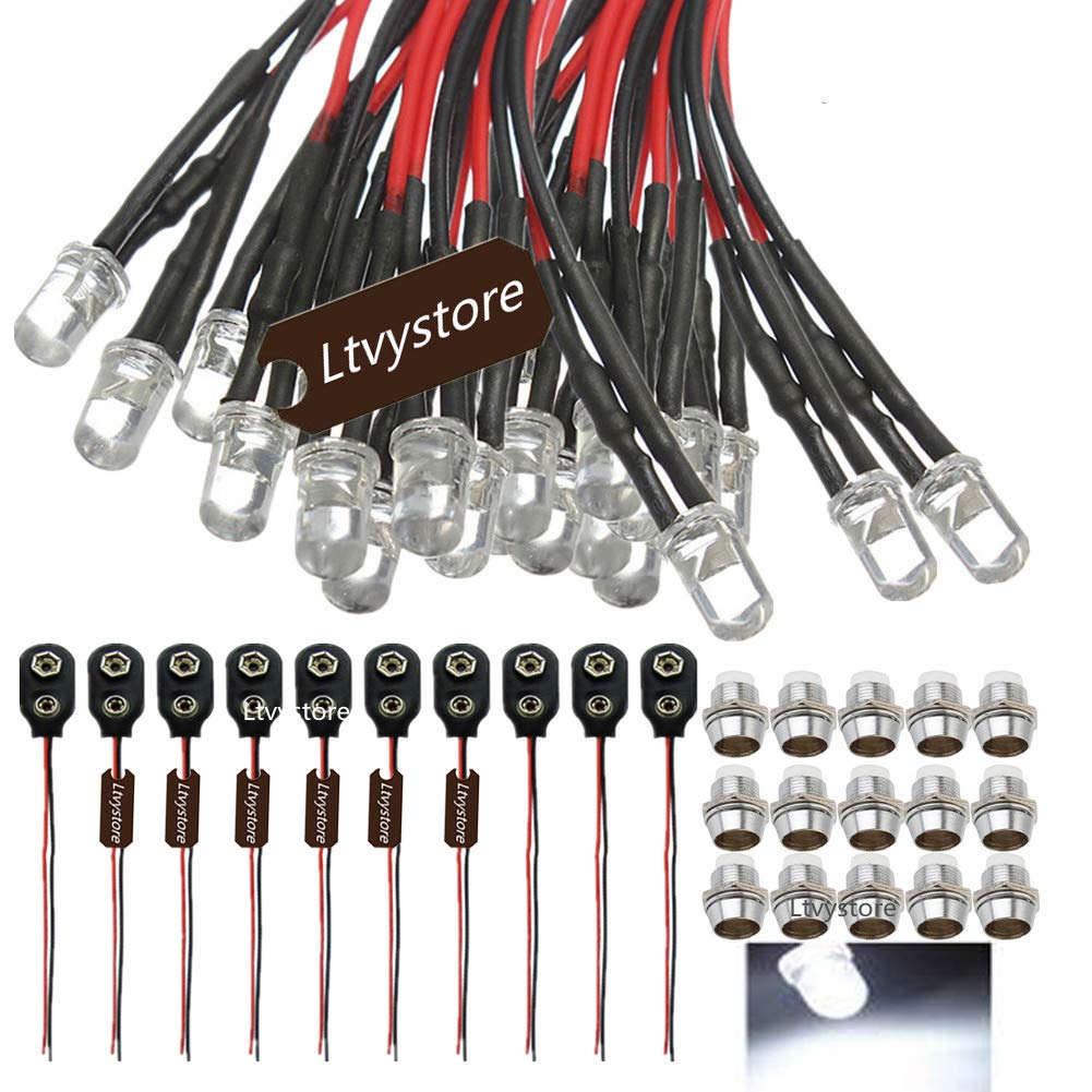 Ltvystore 30Pcs 5MM 12V White LED Pre Wired Lamp Light Bulb Prewired Emitting Diode & 30Pcs Metal 5mm LED Clip Holder Panel Mount & 10Pcs 9V Battery Holder Clip Snap On Connector Cable