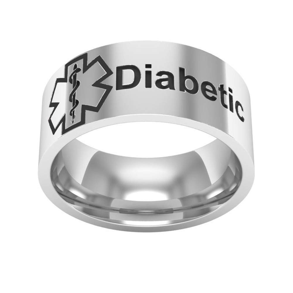 LF 8mm Mens Womens Stainless Steel Medical Alert Diabetic Ring Diabetes Medical ID Band Ring for Grandpa,Grandma,Mom,Dad,Family Friend for Life Alert Sos Emergency Warning Silver,Size 6-13