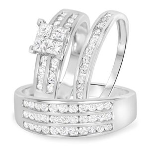 jsjewels 1 2/3 carat t.w. diamond engagement ring wedding trio set in solid 14k white gold fn