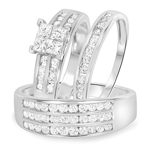 jsjewels 1 2/3 Carat T.W. Diamond Engagement Ring Wedding Trio Set in Solid 14K White Gold Fn