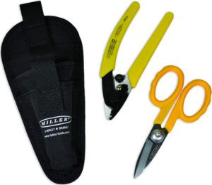 miller ma01-7001 kit, cfs-3 3-hole fiber optic cable stripping tool and ks-1 kevlar scissors, easily portable tool set with belt clip pouch for professional electricians, technicians, and installers