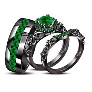 jsjewels his & hers 1.45 ct emerald 14k black gold fn trio vintage style wedding ring set