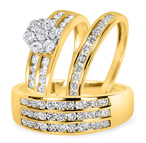 jsjewels 1 1/2 CT. T.W. Diamond Engagement Ring Wedding Trio Set in Solid 14K Yellow Gold Over