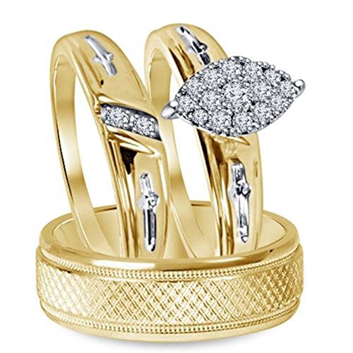 jsjewels 14k Yellow Gold Fn 3/4 Ct 3-Piece Marquise Shape Engagement Trio Ring Wedding Set