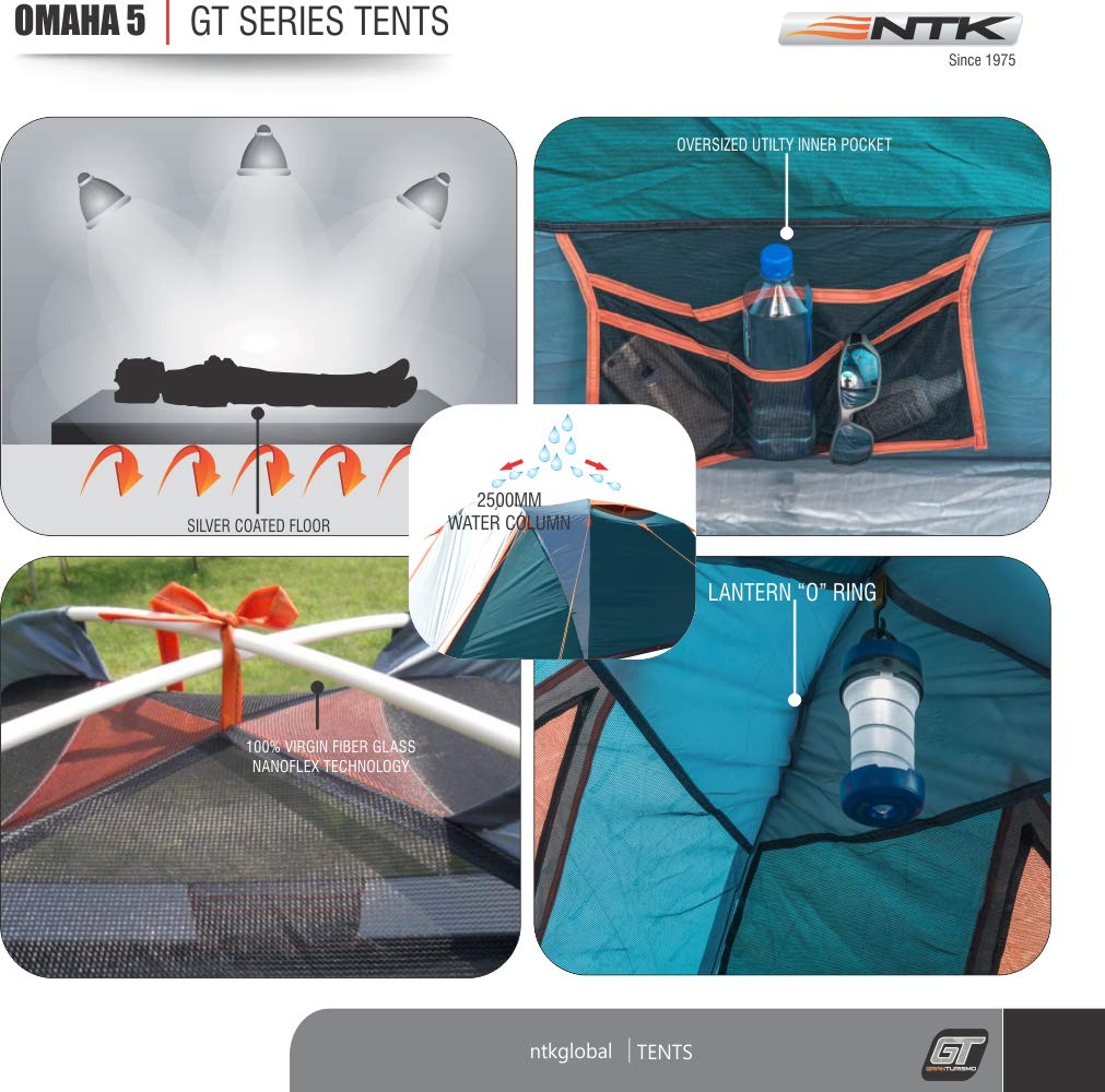 NTK Omaha GT 5-4 Person Tent for Camping | 9x9 ft Camping Tent with Waterproof Dome, Breathable Mesh & 2 Doors | Instant Tent for 5 Person | 2500 mm Warm & Cold Weather Outdoor Tent