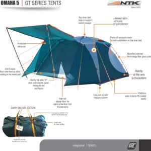 NTK Omaha GT 5-4 Person Tent for Camping | 9x9 ft Camping Tent with Waterproof Dome, Breathable Mesh & 2 Doors | Instant Tent for 5 Person | 2500 mm Warm & Cold Weather Outdoor Tent