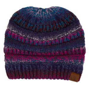 C.C Soft Stretch Cable Knit Messy Bun Ponytail Beanie Winter Hat (MB-705) (Purple Mix)