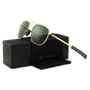 SUNGAIT Men's Military Style Polarized Pilot Aviator Sunglasses - Bayonet Temples (Gold Frame/Green Lens, 55) A285JKLV