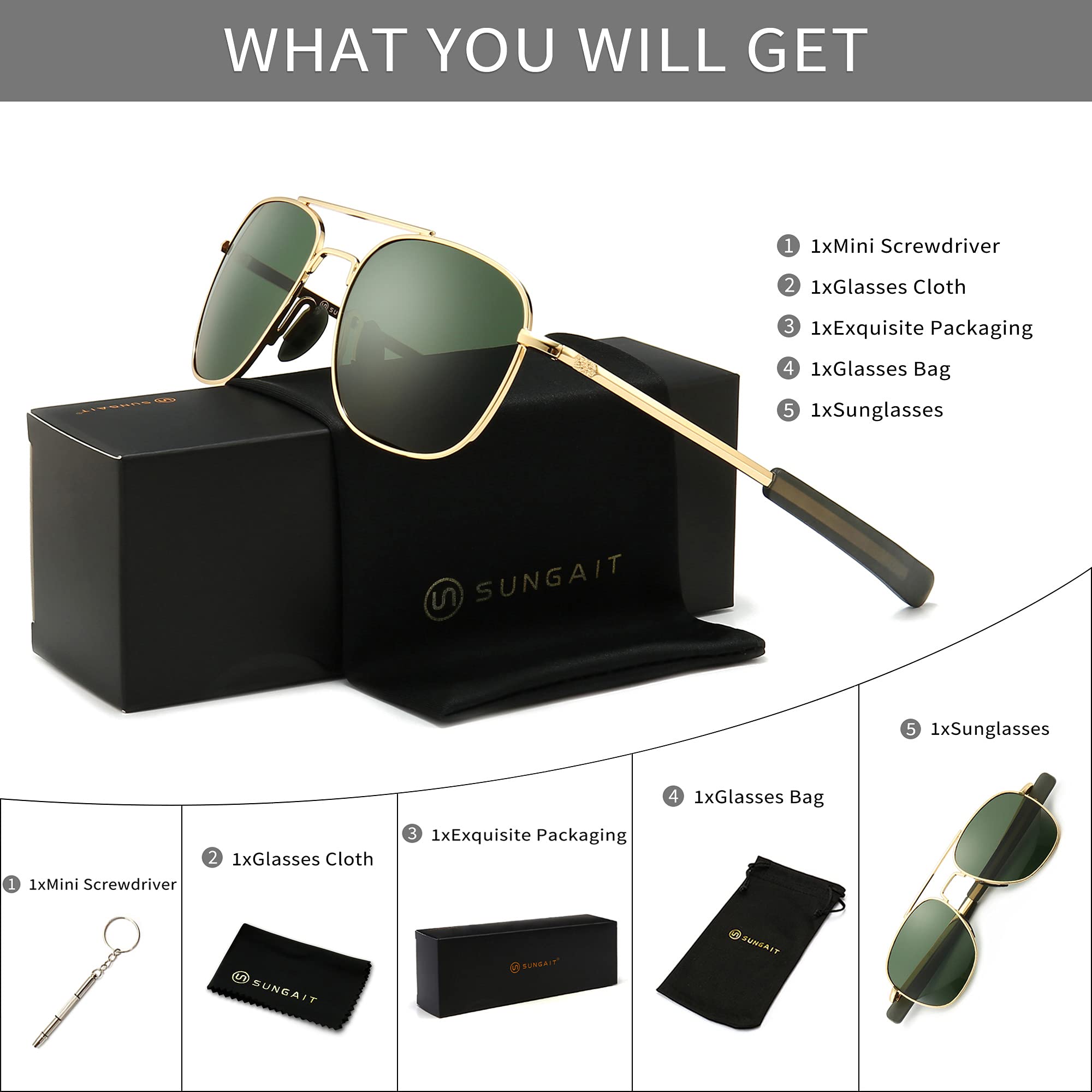 SUNGAIT Men's Military Style Polarized Pilot Aviator Sunglasses - Bayonet Temples (Gold Frame/Green Lens, 55) A285JKLV