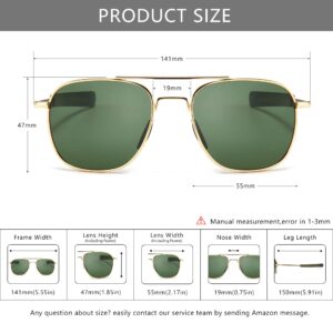 SUNGAIT Men's Military Style Polarized Pilot Aviator Sunglasses - Bayonet Temples (Gold Frame/Green Lens, 55) A285JKLV