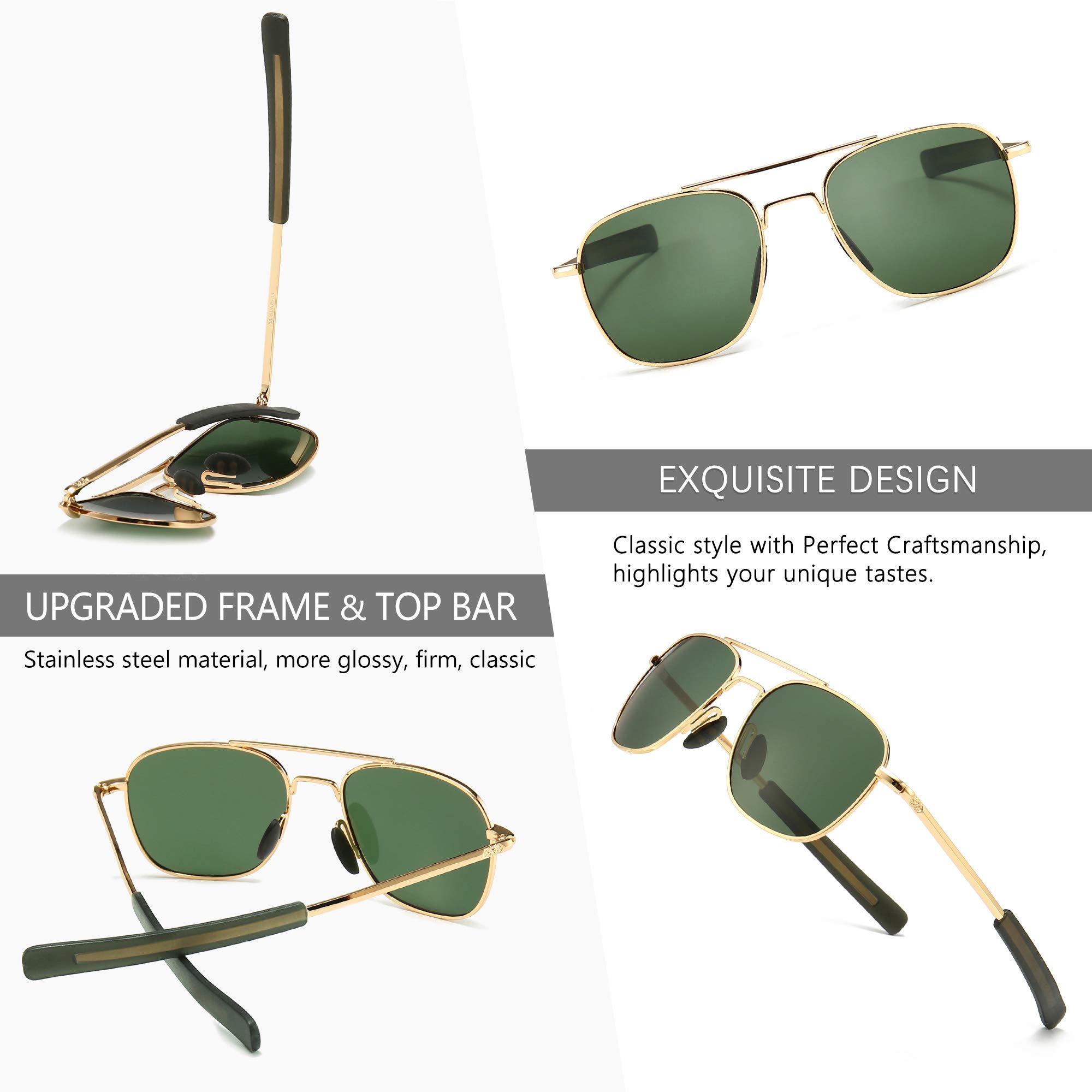 SUNGAIT Men's Military Style Polarized Pilot Aviator Sunglasses - Bayonet Temples (Gold Frame/Green Lens, 55) A285JKLV