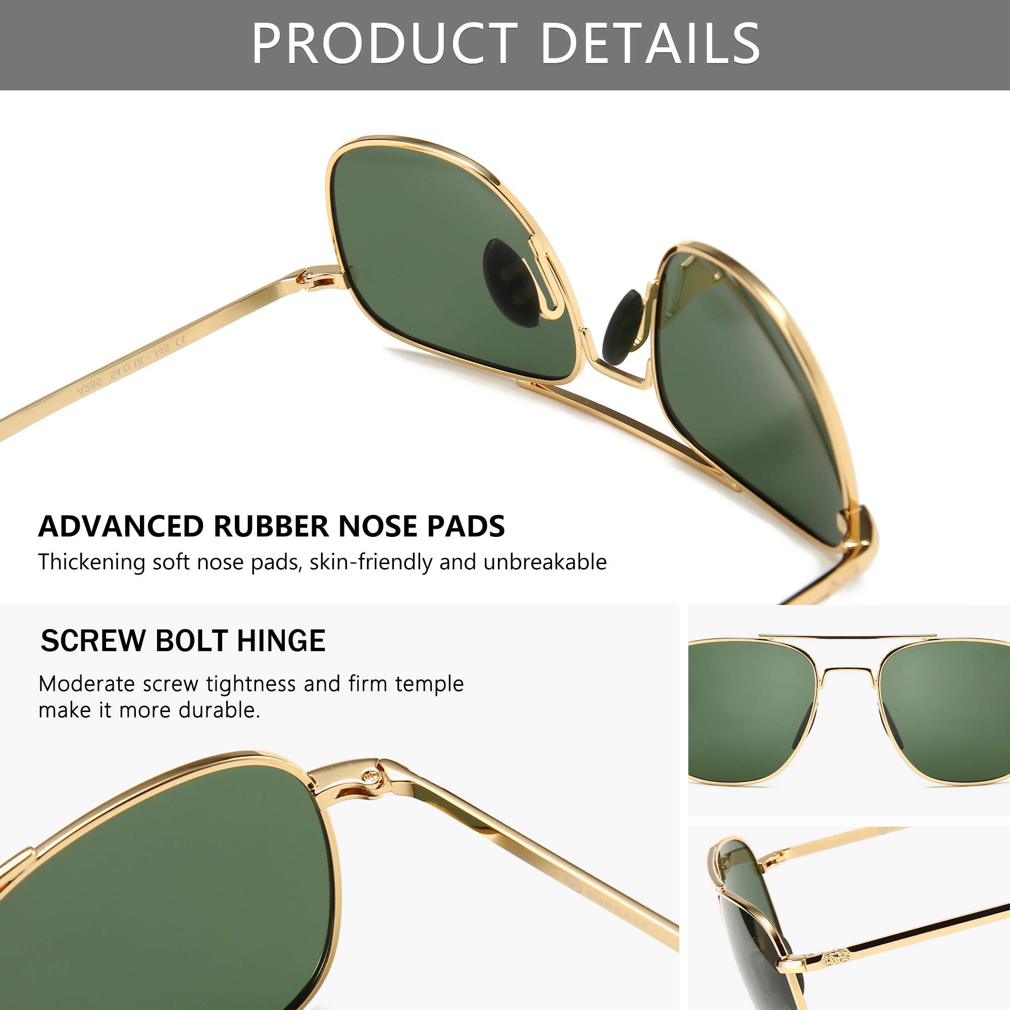 SUNGAIT Men's Military Style Polarized Pilot Aviator Sunglasses - Bayonet Temples (Gold Frame/Green Lens, 55) A285JKLV