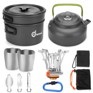 odoland 12pcs camping cookware mess kit with mini stove, lightweight pot pan kettle with 2 cups, fork spoon kit for backpacking, outdoor camping hiking and picnic