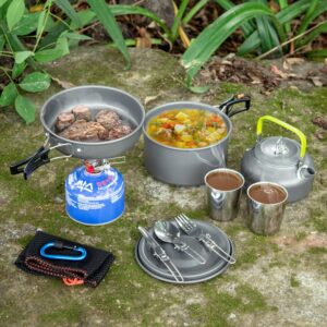 Odoland 12pcs Camping Cookware Mess Kit with Mini Stove, Lightweight Pot Pan Kettle with 2 Cups, Fork Spoon Kit for Backpacking, Outdoor Camping Hiking and Picnic