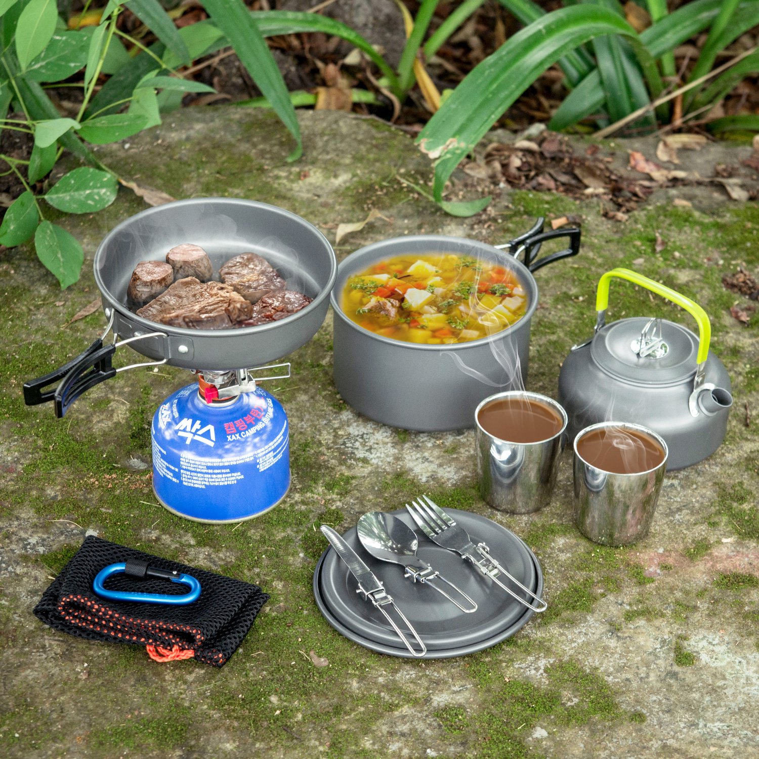 Odoland 12pcs Camping Cookware Mess Kit with Mini Stove, Lightweight Pot Pan Kettle with 2 Cups, Fork Spoon Kit for Backpacking, Outdoor Camping Hiking and Picnic