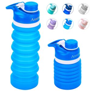 anntrue collapsible water bottle food-grade silicone portable leak proof travel water bottle, 18oz(sky blue)