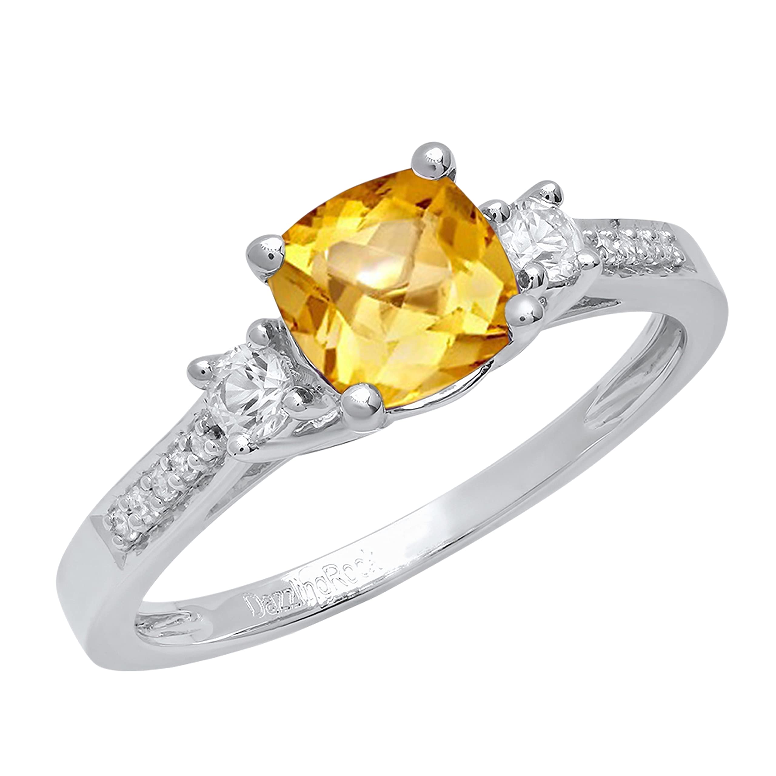 Dazzlingrock Collection 6mm Cushion Citrine & Round White Sapphire with White Diamond 3 Stone Style Engagement Ring in 10K White Gold, Size 7