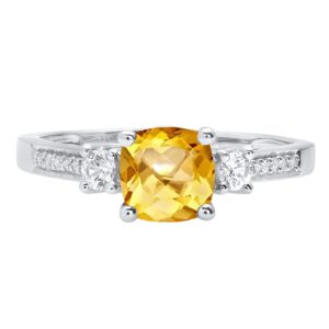 Dazzlingrock Collection 6mm Cushion Citrine & Round White Sapphire with White Diamond 3 Stone Style Engagement Ring in 10K White Gold, Size 7