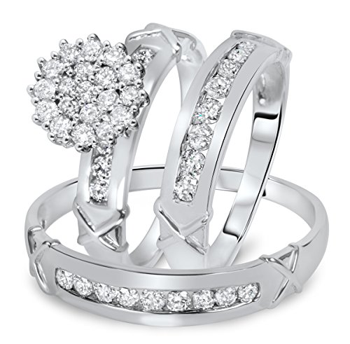 jsjewels 1 1/5 CT Sim Diamond Her & His Engagement Wedding Trio Ring Set in 14K White Gold Fn