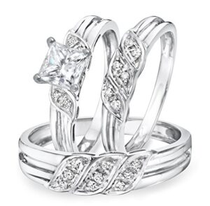 jsjewels 2 ct d/vvs1 diamond ladies & men’s engagement wedding trio ring set 14k white gold fn