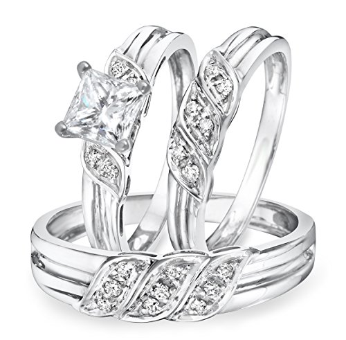 jsjewels 2 CT D/VVS1 Diamond Ladies & Men’s Engagement Wedding Trio Ring Set 14K White Gold Fn