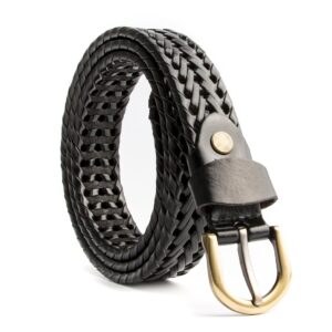 echain women braided woven genuine leather narrow belt 25mm wide (black, waist:29-34)