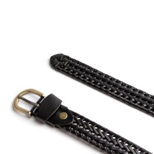 ECHAIN Women Braided Woven Genuine Leather Narrow Belt 25mm Wide (Black, waist:29-34)