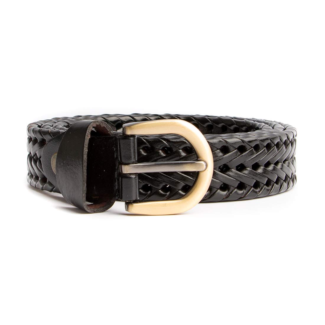 ECHAIN Women Braided Woven Genuine Leather Narrow Belt 25mm Wide (Black, waist:29-34)