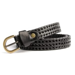 ECHAIN Women Braided Woven Genuine Leather Narrow Belt 25mm Wide (Black, waist:29-34)