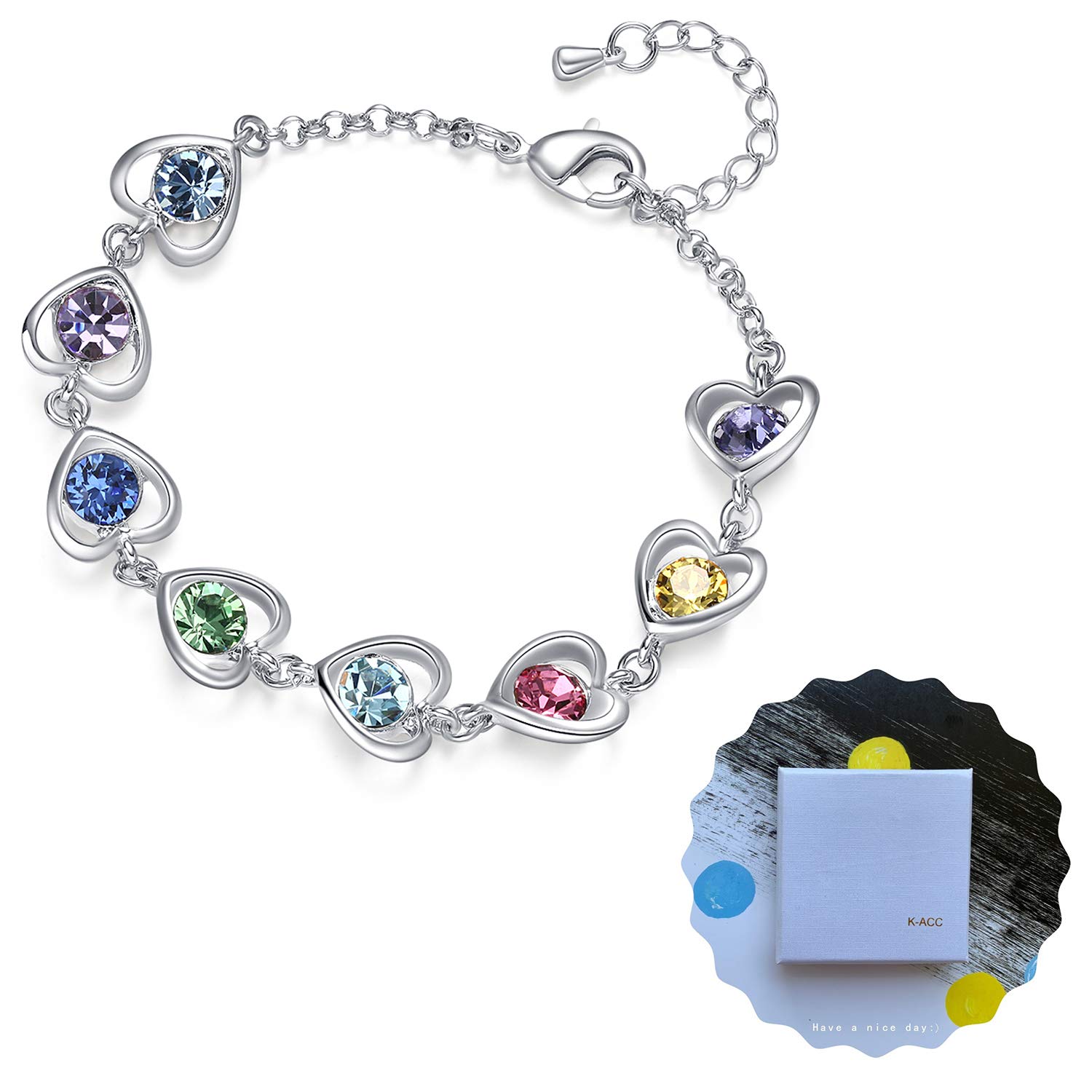 K-Acc Heart Link Bracelet [Gift Packaging] Christmas Gifts for Girls and Women (Rainbow)