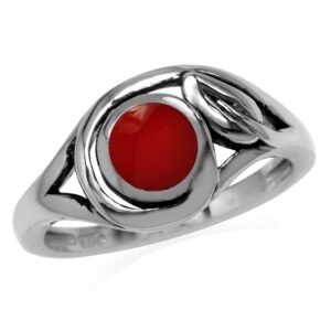 silvershake 6mm created round shape red coral 925 sterling silver leaf vintage inspired ring size 8