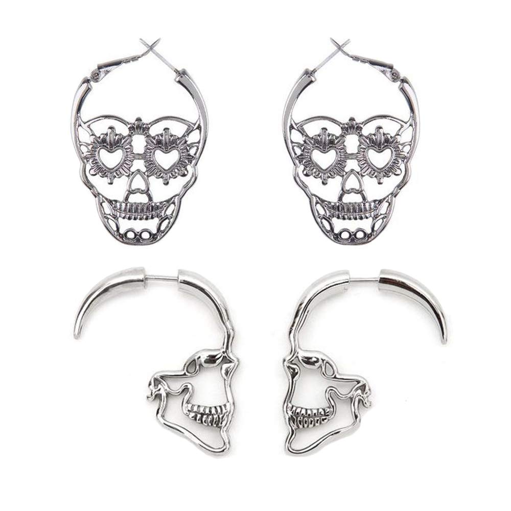 FY 2Pair Hollow Skull Face Earring Halloween Women Hoop Stud Earrings