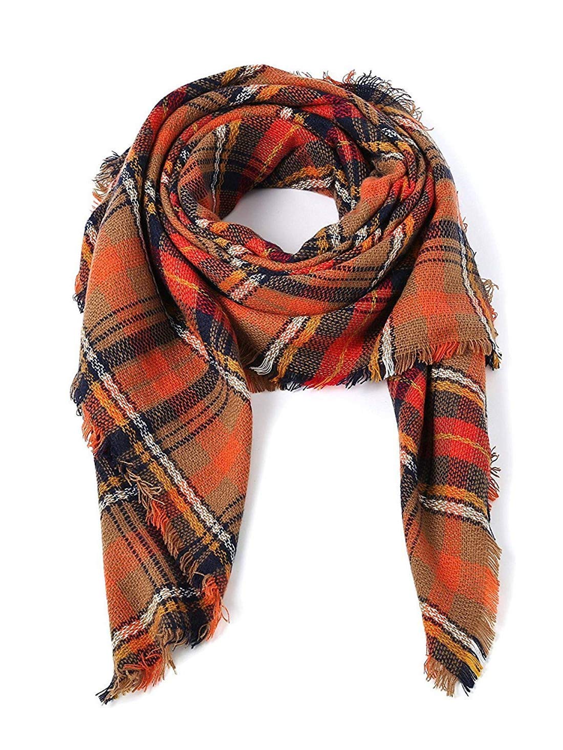 Trendy Women's Cozy Warm Winter Fall Blanket Scarf Stylish Soft Chunky Checked Giant Scarves Shawl Cape Orange