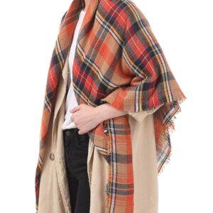 Trendy Women's Cozy Warm Winter Fall Blanket Scarf Stylish Soft Chunky Checked Giant Scarves Shawl Cape Orange