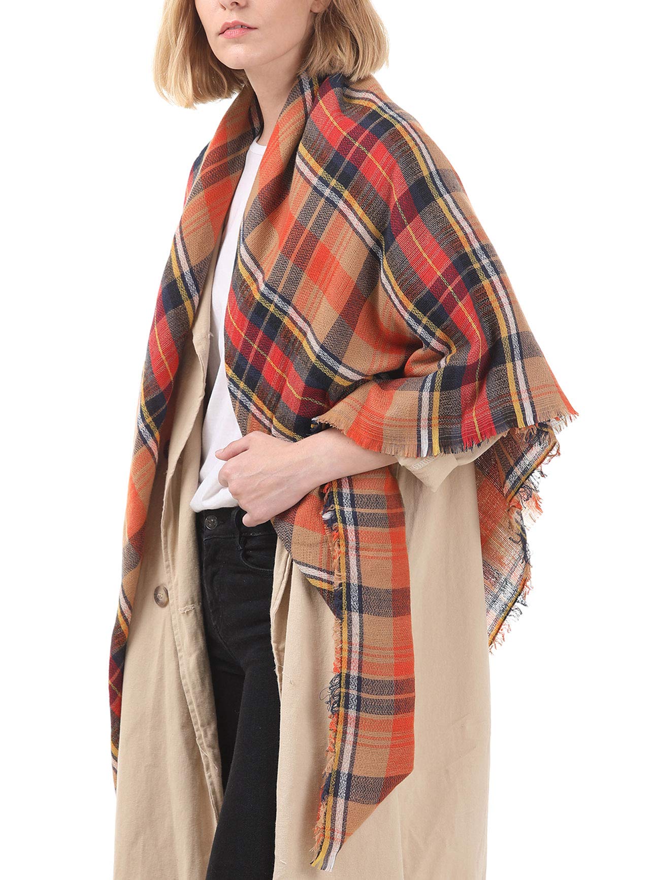 Trendy Women's Cozy Warm Winter Fall Blanket Scarf Stylish Soft Chunky Checked Giant Scarves Shawl Cape Orange