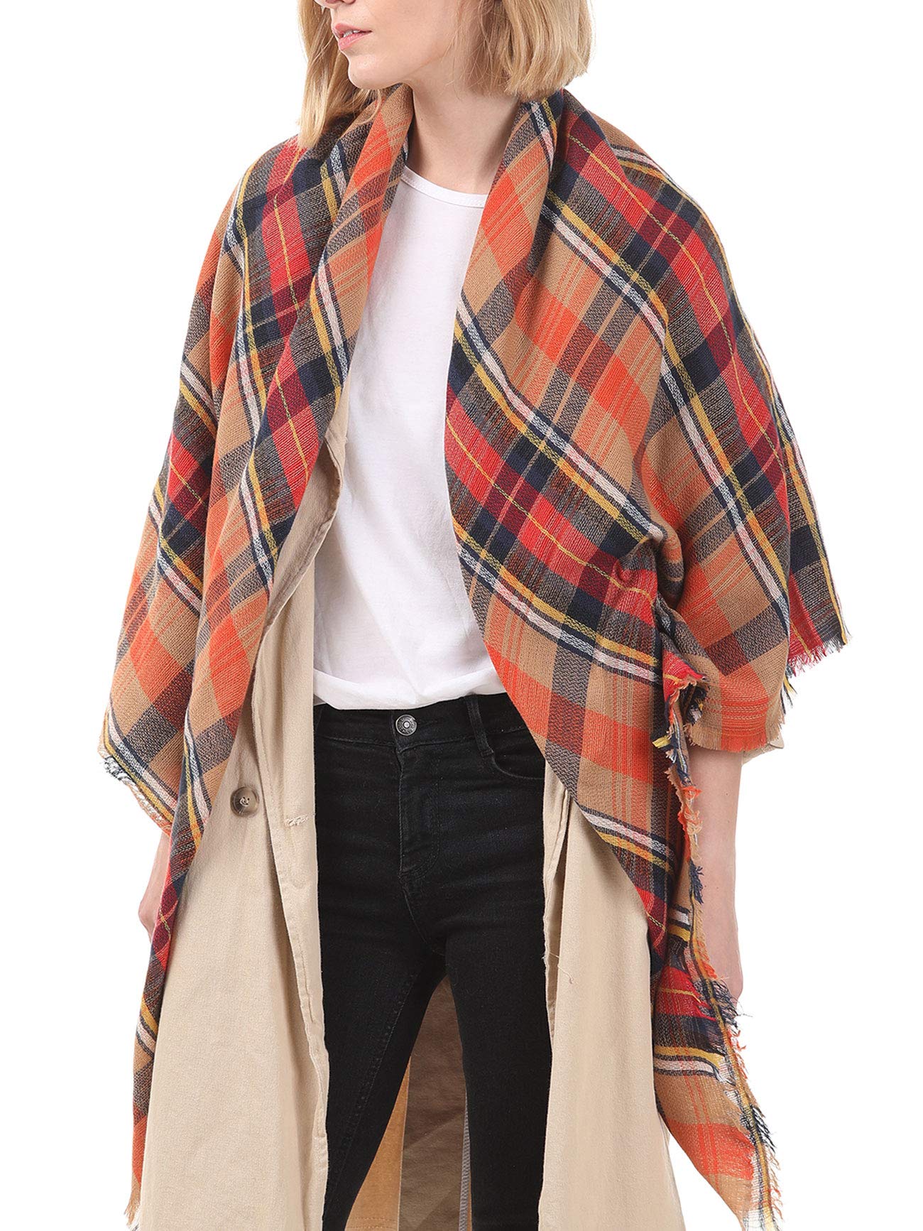 Trendy Women's Cozy Warm Winter Fall Blanket Scarf Stylish Soft Chunky Checked Giant Scarves Shawl Cape Orange