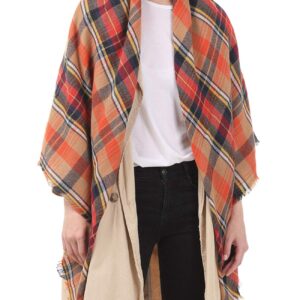 Trendy Women's Cozy Warm Winter Fall Blanket Scarf Stylish Soft Chunky Checked Giant Scarves Shawl Cape Orange