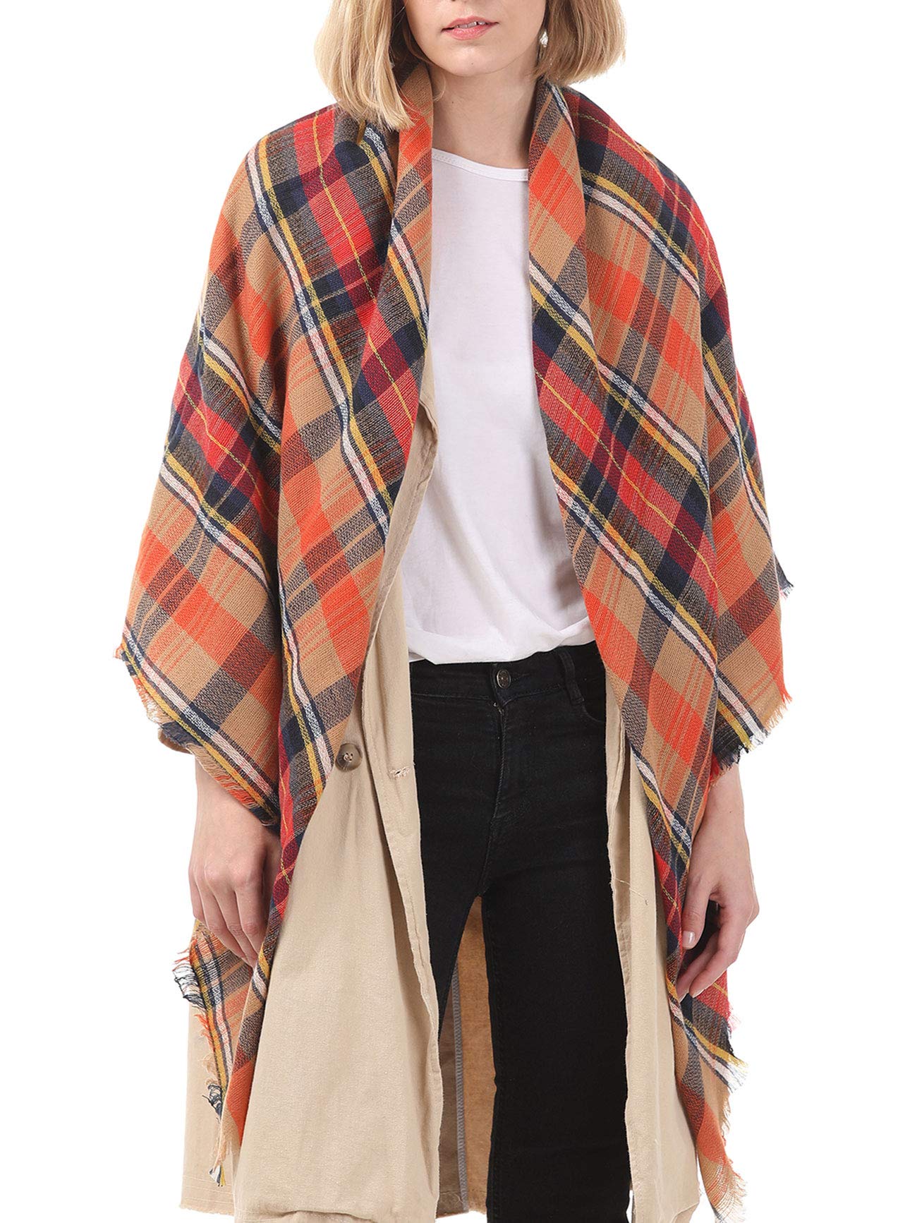 Trendy Women's Cozy Warm Winter Fall Blanket Scarf Stylish Soft Chunky Checked Giant Scarves Shawl Cape Orange