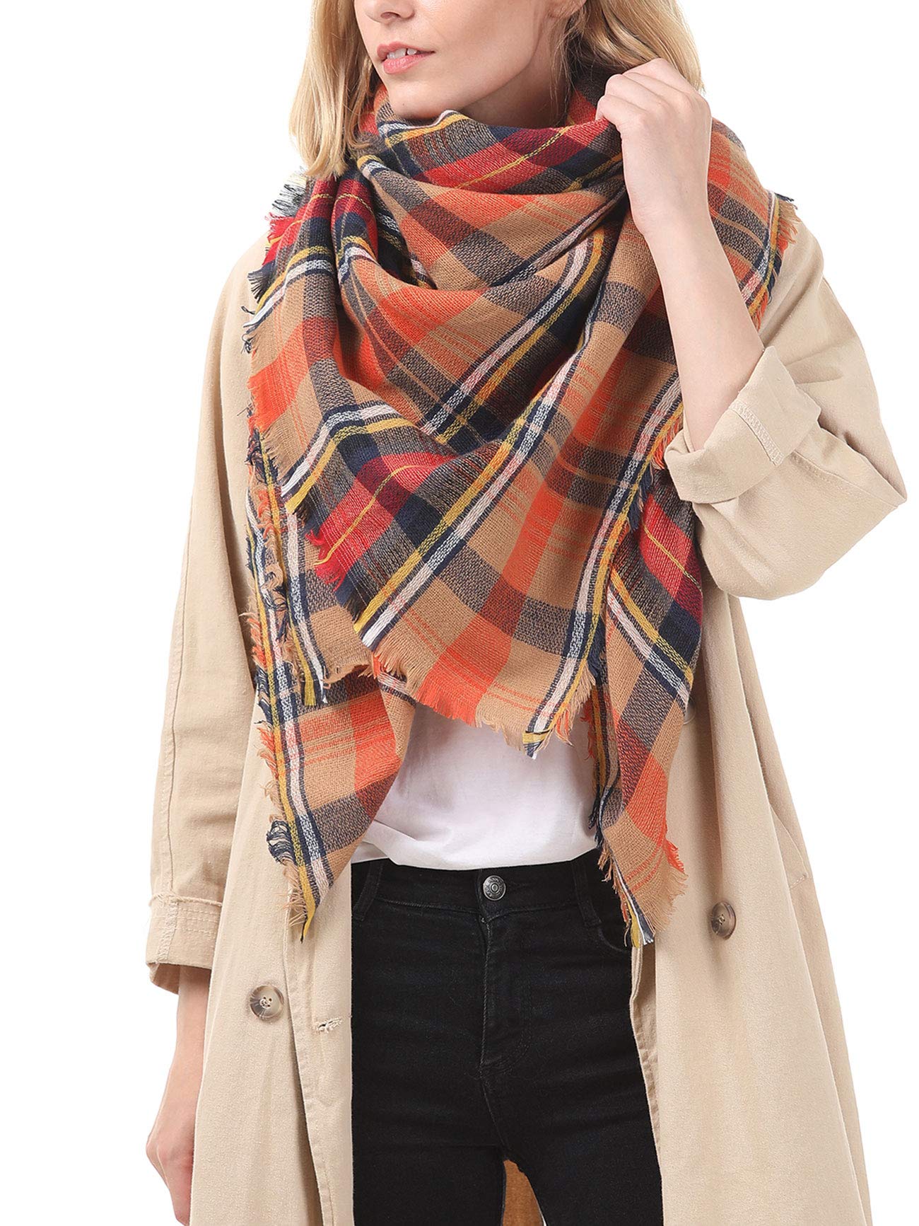 Trendy Women's Cozy Warm Winter Fall Blanket Scarf Stylish Soft Chunky Checked Giant Scarves Shawl Cape Orange