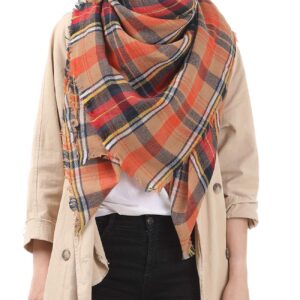 Trendy Women's Cozy Warm Winter Fall Blanket Scarf Stylish Soft Chunky Checked Giant Scarves Shawl Cape Orange