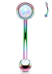 forbidden body jewelry 16g surgical steel synthetic opal flat back curved barbell (8mm rainbow/white)