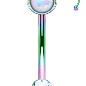 Forbidden Body Jewelry 16g Surgical Steel Synthetic Opal Flat Back Curved Barbell (8mm Rainbow/White)