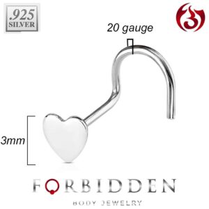 Forbidden Body Jewelry 20g .925 Sterling Silver 3mm Heart Top Nose Screw