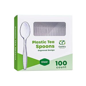 comfy package [100 pack] heavyweight clear plastic tea spoons with engraved design - disposable sturdy plastic utensils for parties, weddings, and events