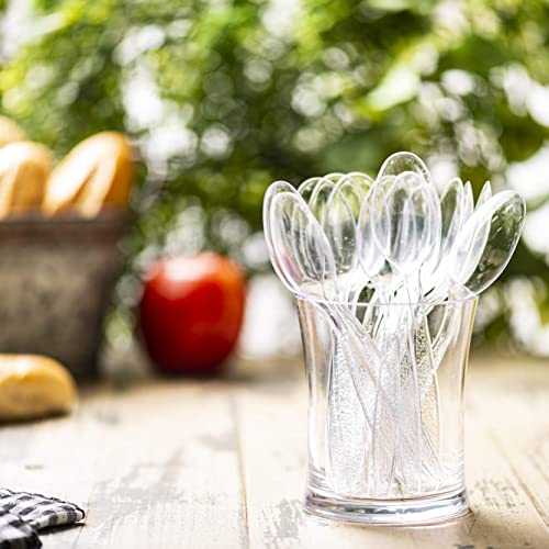 Comfy Package [100 Pack] Heavyweight Clear Plastic Tea Spoons with Engraved Design - Disposable Sturdy Plastic Utensils for Parties, Weddings, and Events