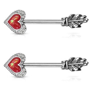 forbidden body jewelry pave cz opalite heart & feather arrow surgical steel nipple barbells, red